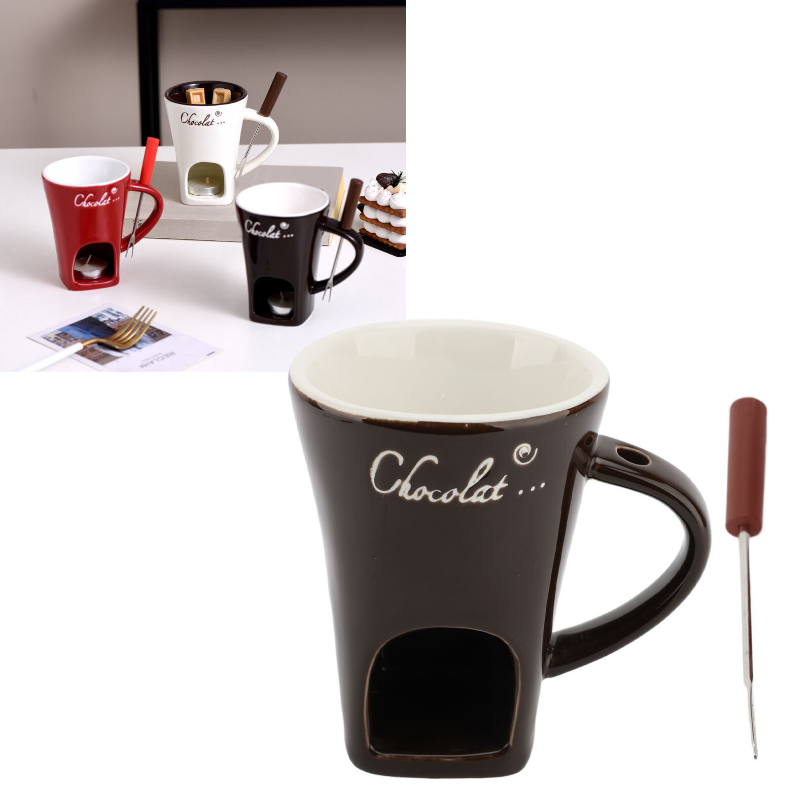 Набор для плавления шоколада: керамическая кружка с подогревом, вилка, для фондю