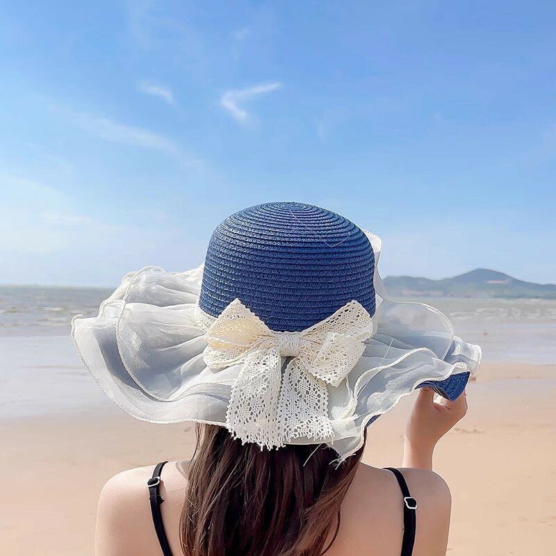 Шляпа, женская, пляжная, с бантом, синяя, размер 1