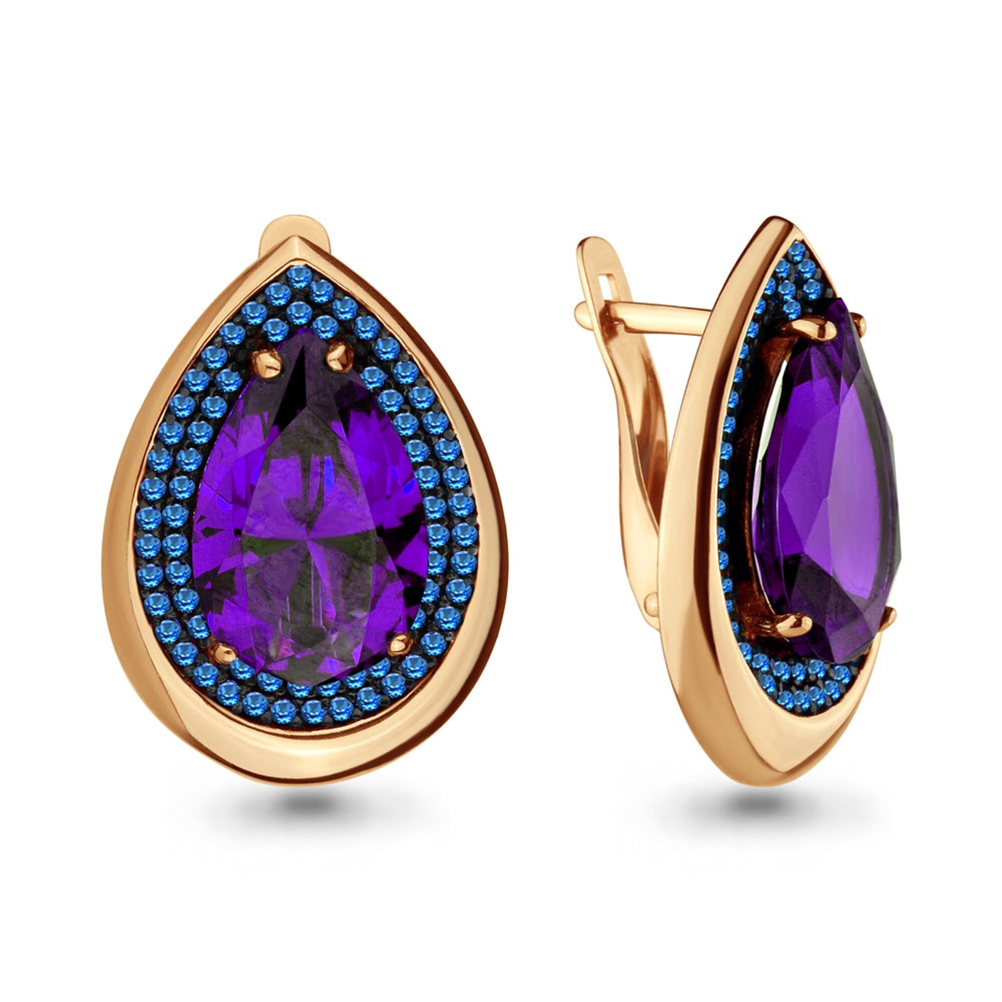 Серьги, серебро, 925 проба, золочение, сапфир синтетический, аметист