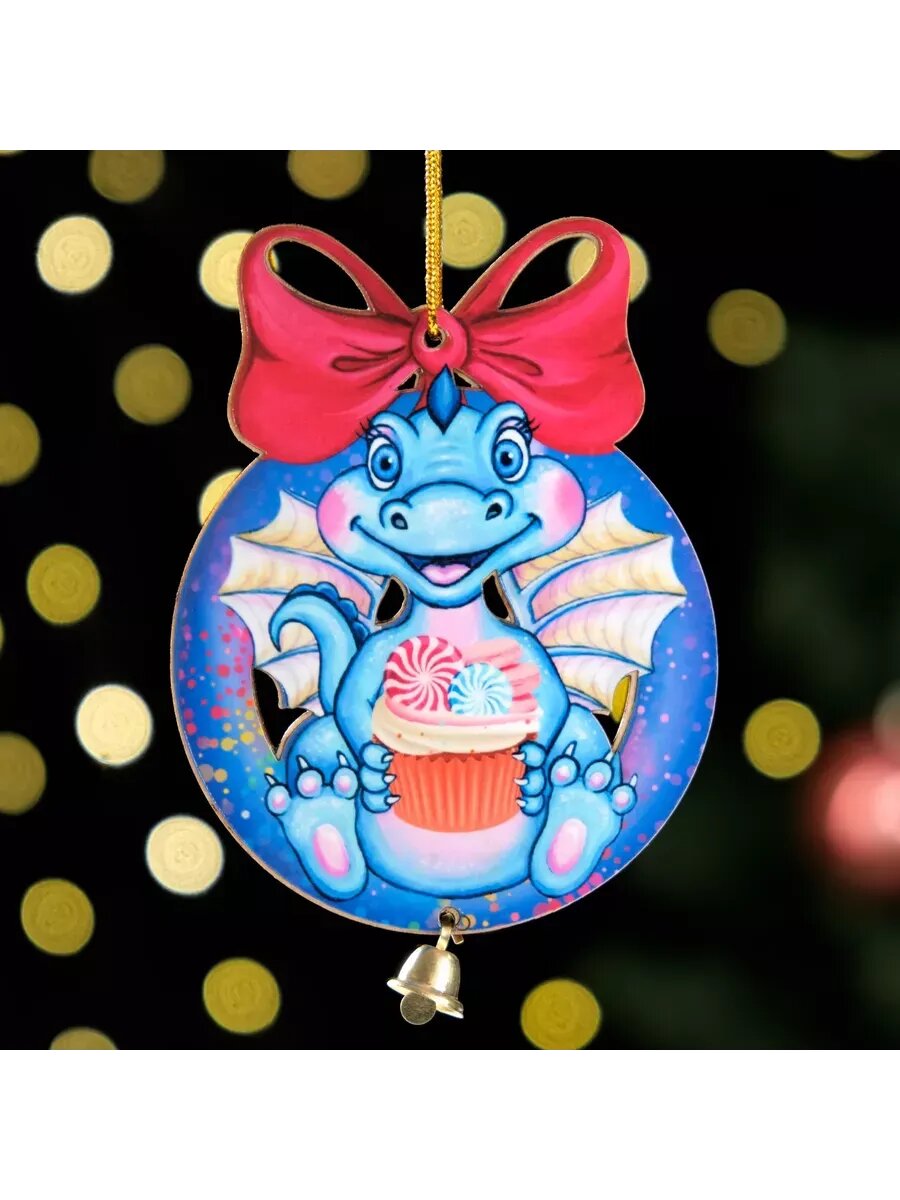 Ёлочная игрушка Дракон в синем шарике, ламинация, 73 х 95мм