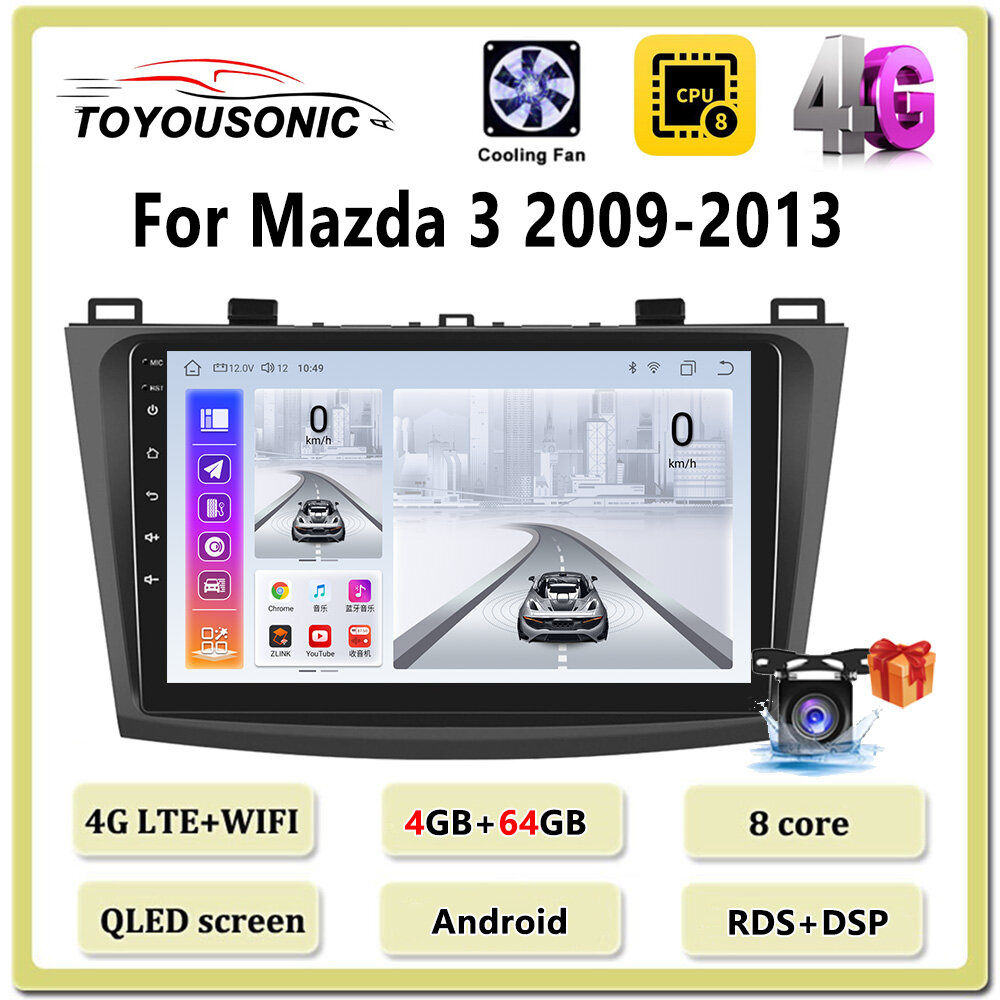 Магнитола для Mazda 3 2009-2013 , Автомагнитола для Мазда,4G Android 4+64GB 2din Мультимедиа Bluetooth FM WIFI Автомобильный