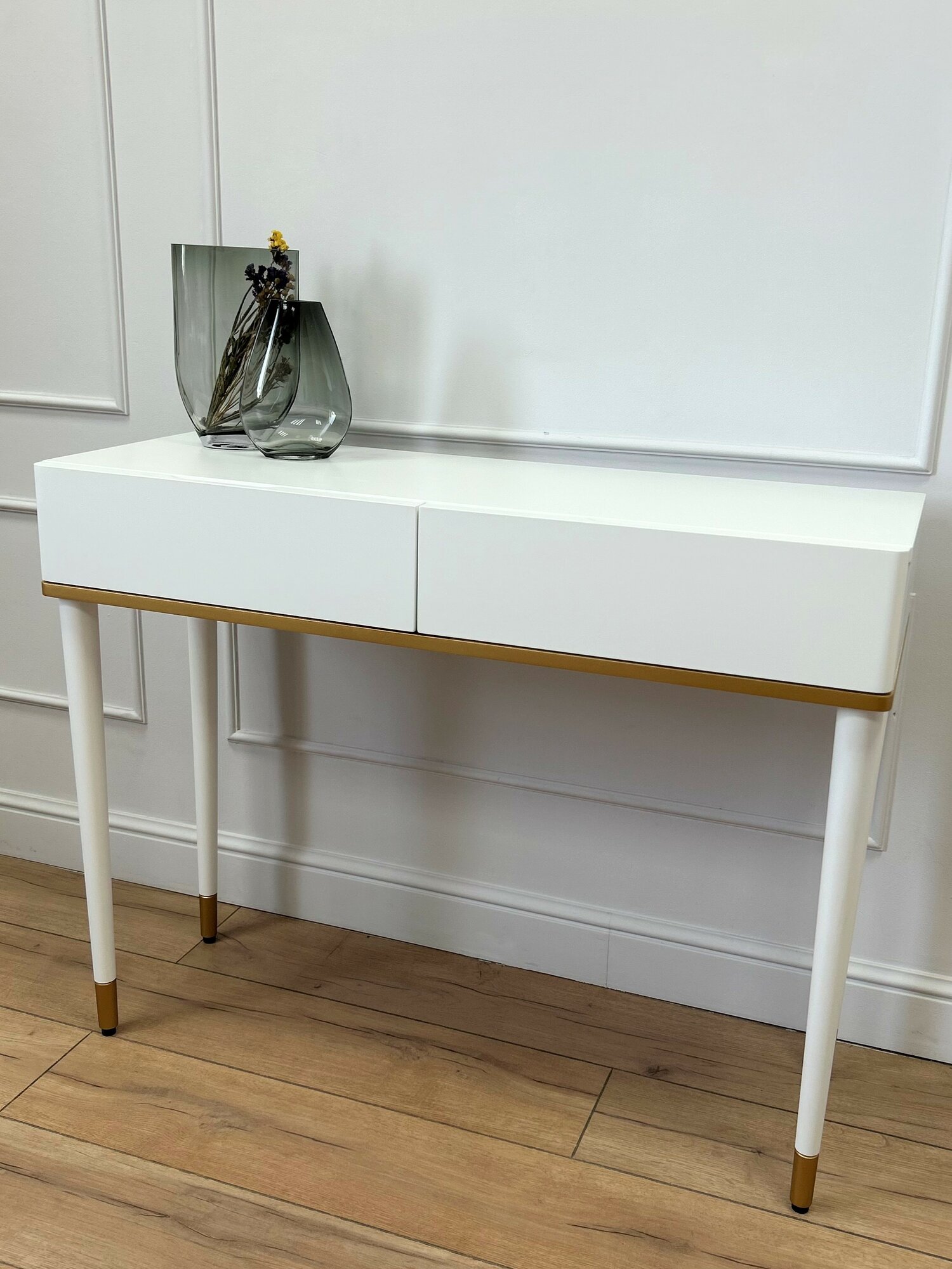 Консольный столик туалетный белый, эмаль мдф 100х36х79 см, консоль в прихожую узкая с ящиками, Bianko