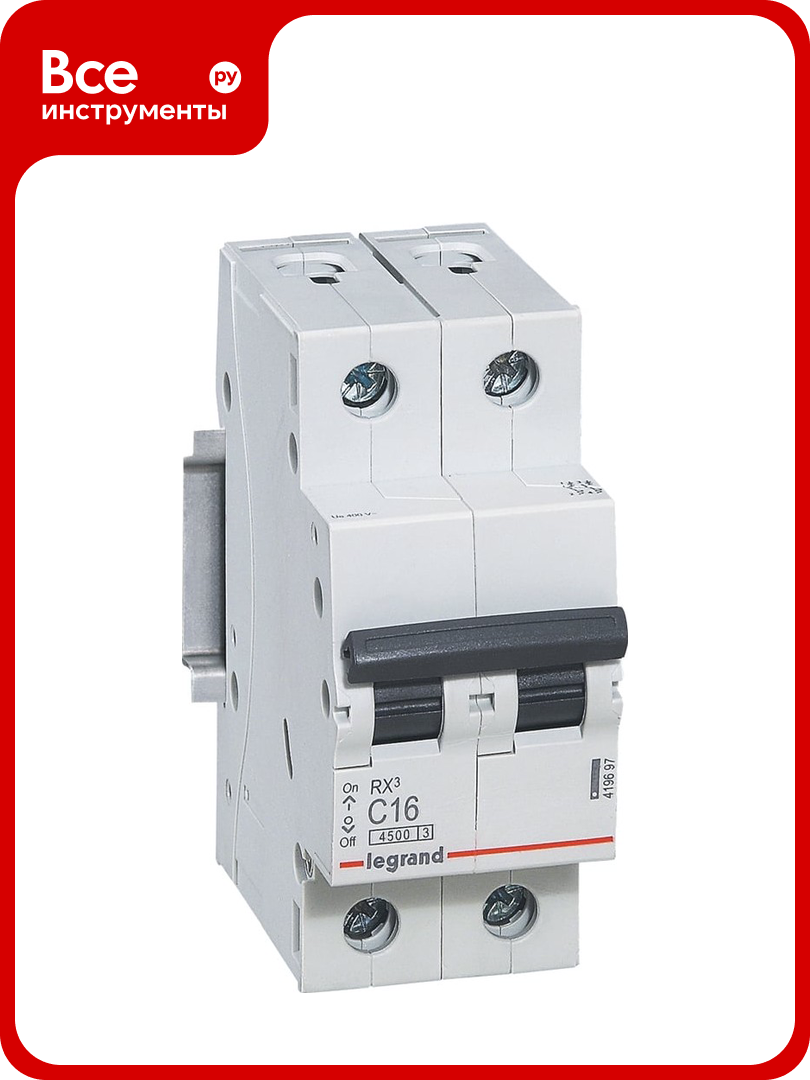 Автоматический выключатель Legrand Rx3 4,5ka 63а 2п C 419703, установка на DIN‑рейку, белый корпус, защита от замыкания