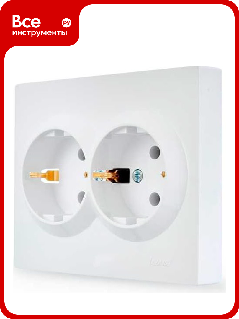 Двойная силовая розетка Lezard VESNA с заземлением, белая, ПБТ, встраиваемая, IP20, 2 гнезда, без защитных шторок, 105x8