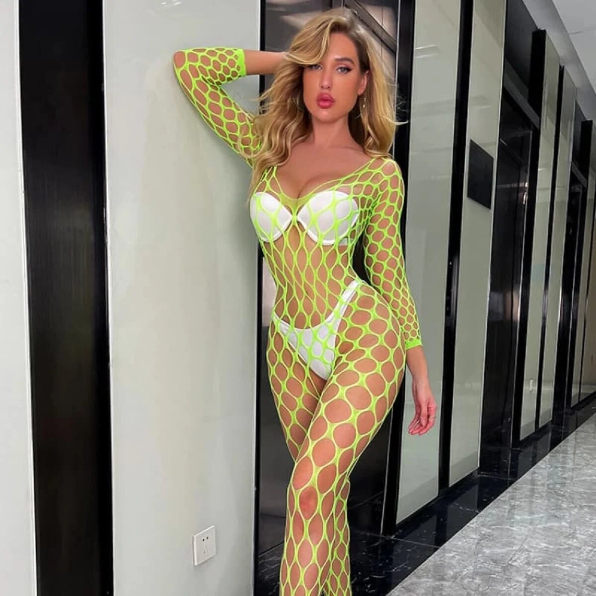 Боди-комбинезон крупная сетка с доступом неоновый зеленый S/L