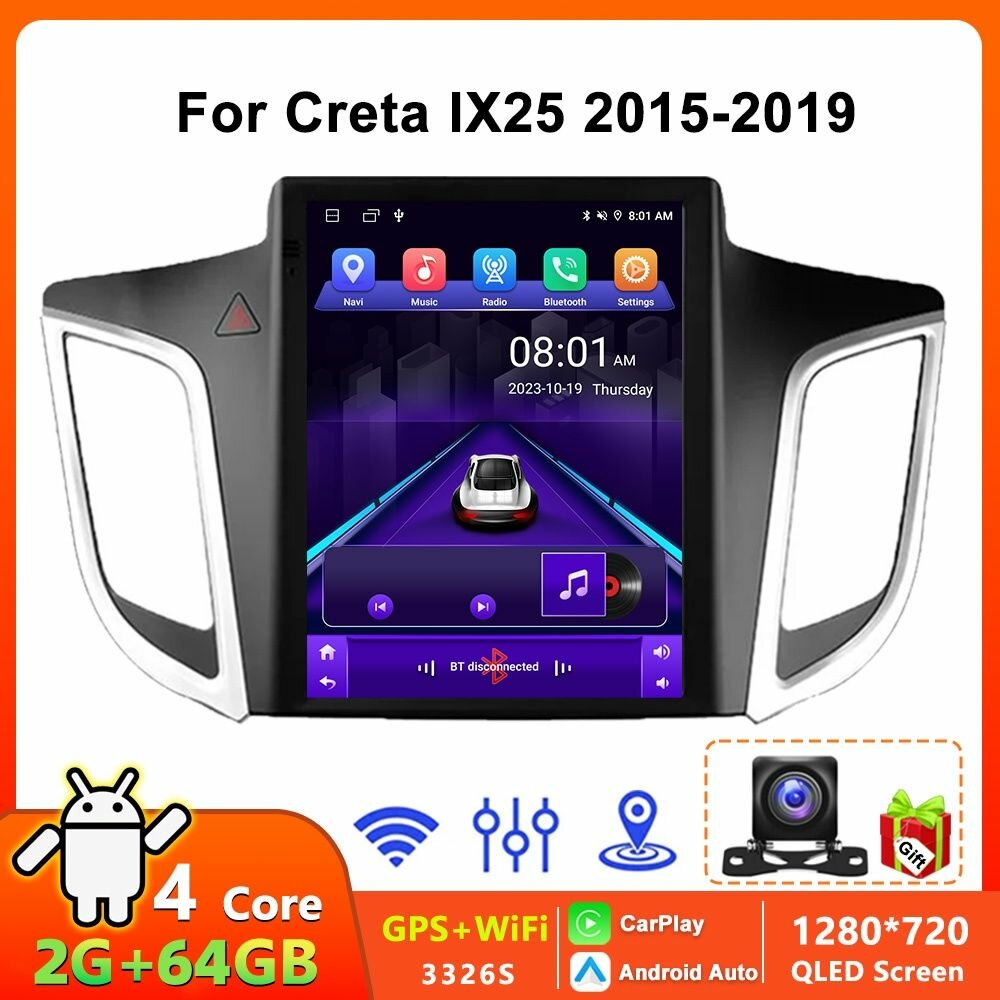 X-REAKO Автомагнитола для Creta lX25 2015-2019 Android 13, FM/RDS, carplay/Android Auto, WiFi, Bluetooth, GPS