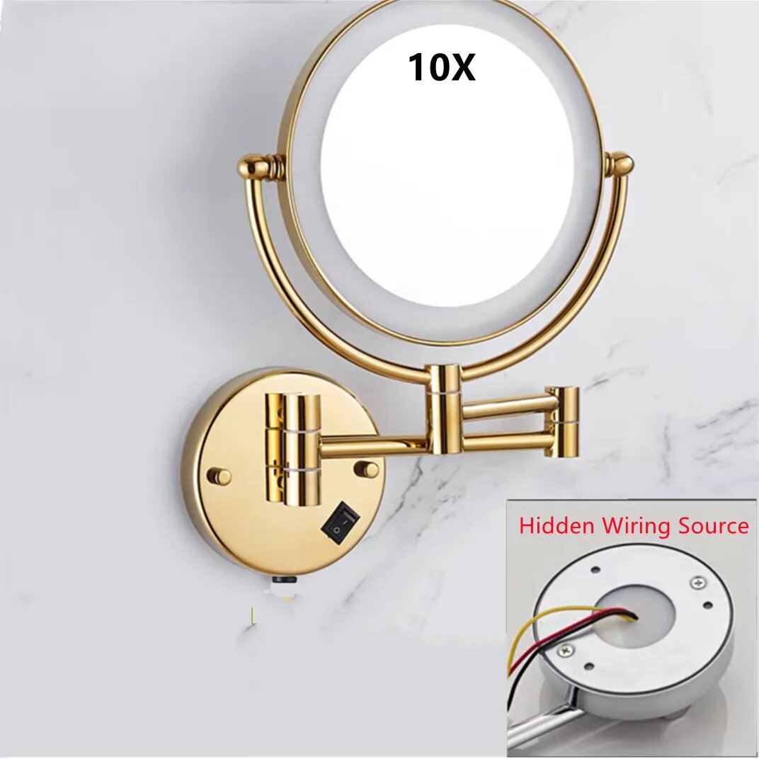 Косметическое зеркало из циркония, золотой латуни, двухсторонний светодиодный настенный светильник с увеличением 3X/5X/10X, удлиняющее складное круглое зеркало для макияжа, Titanium Gold 10X-C