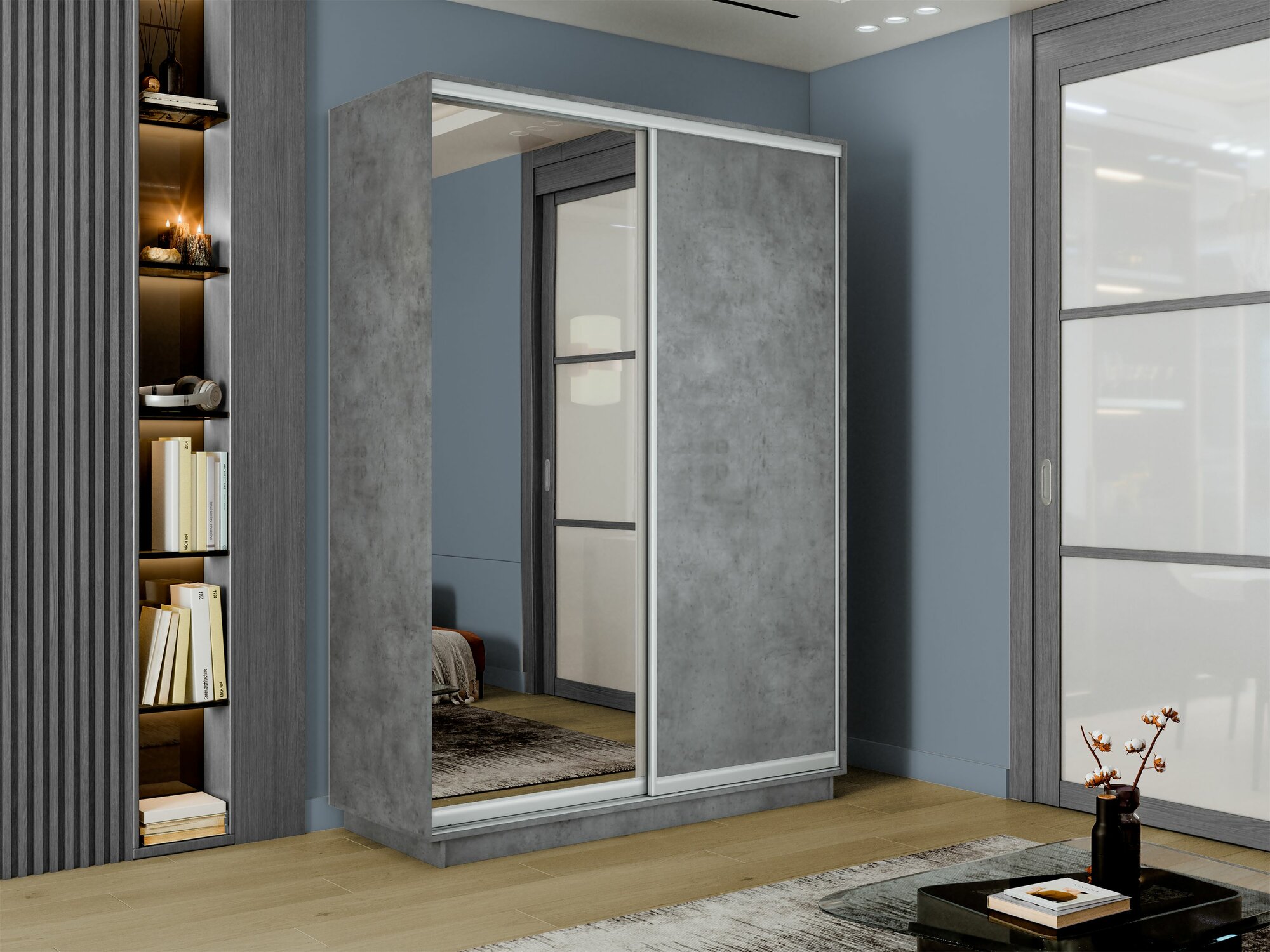 Шкаф купе Вилли Лайт 2-х дверный ЛДСП с зеркалом, профиль серебро 120 см х 220 см х 60 см (Бетон)