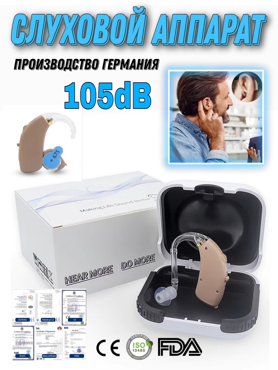 Слуховой аппарат на батарейках заушного типа для пожилых людей производства Германия