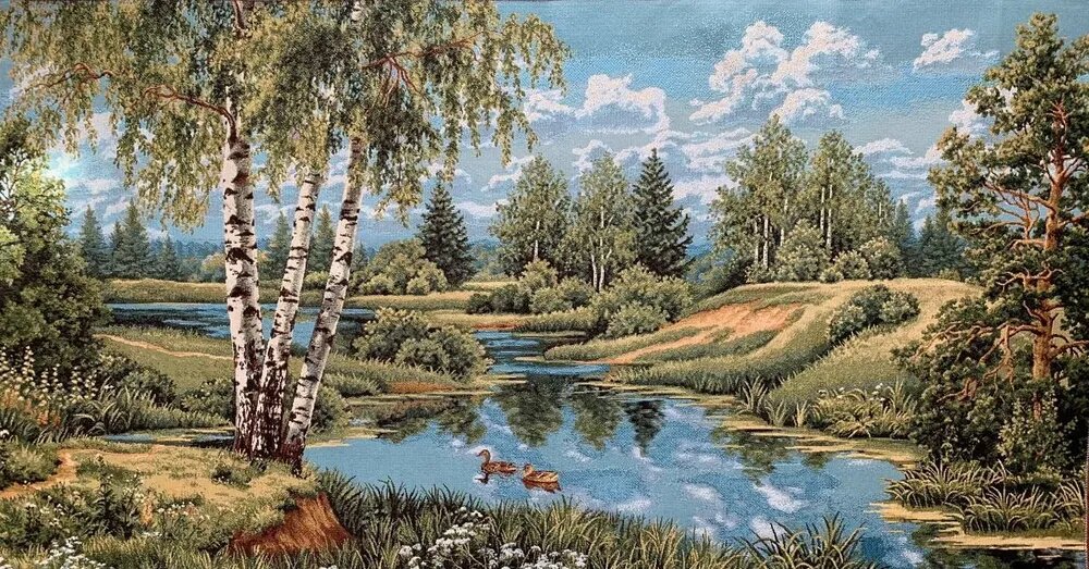 Панно гобеленовое на стену "Пейзаж с утками" 135х70 см / Гобелен