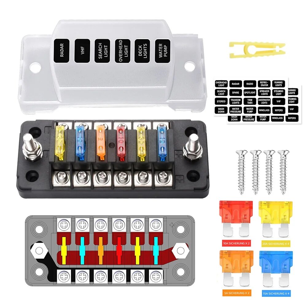 6-контактный держатель предохранителей, блок предохранителей 12 В ATC/ATO, блок автомобильных предохранителей, предохранители без светодиодного дисплея, положительный отрицательный для постоянного тока 12 В/24 В