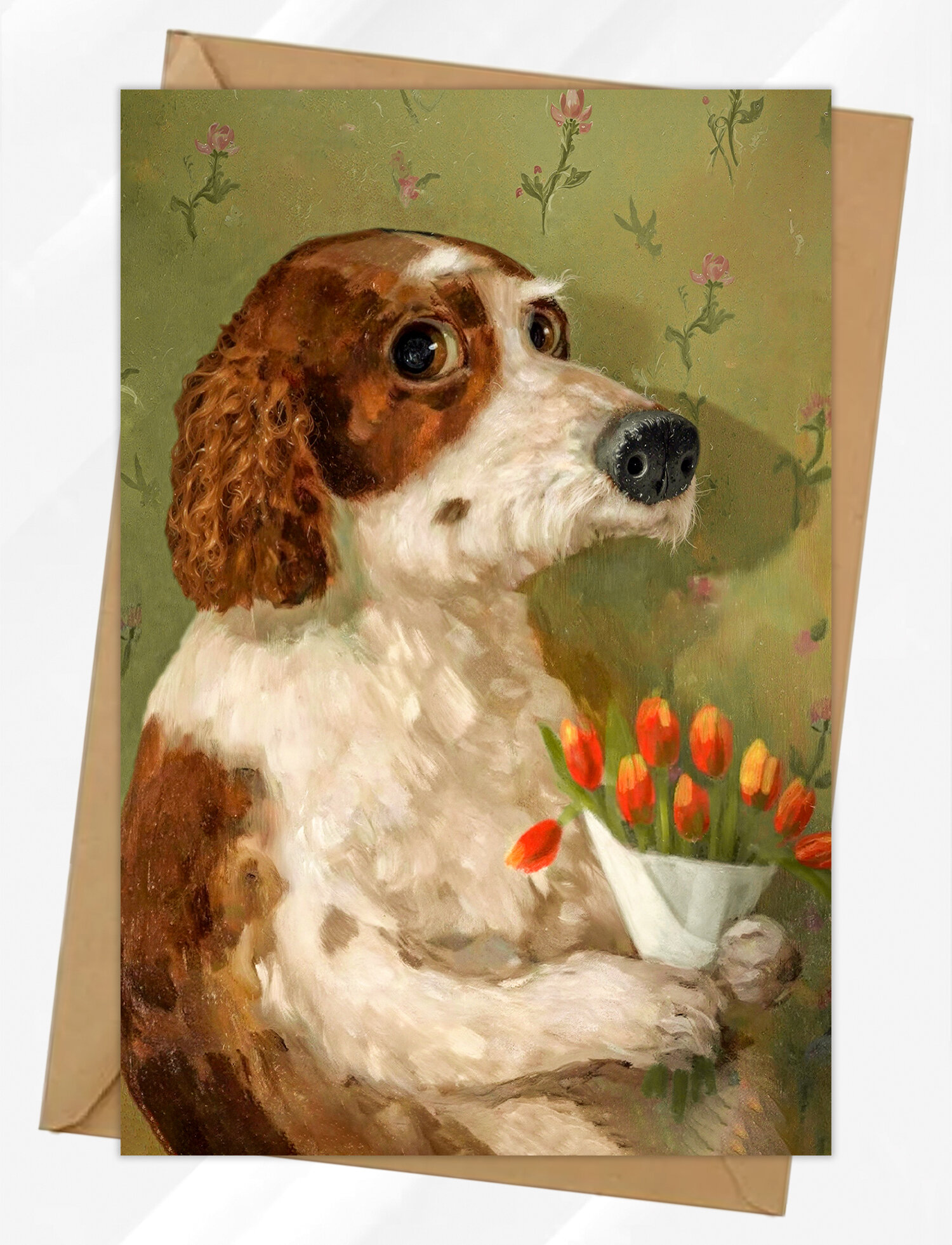 Открытка "Собачка с цветами" (с конвертом, под рамку 10х15см, двусторонняя)