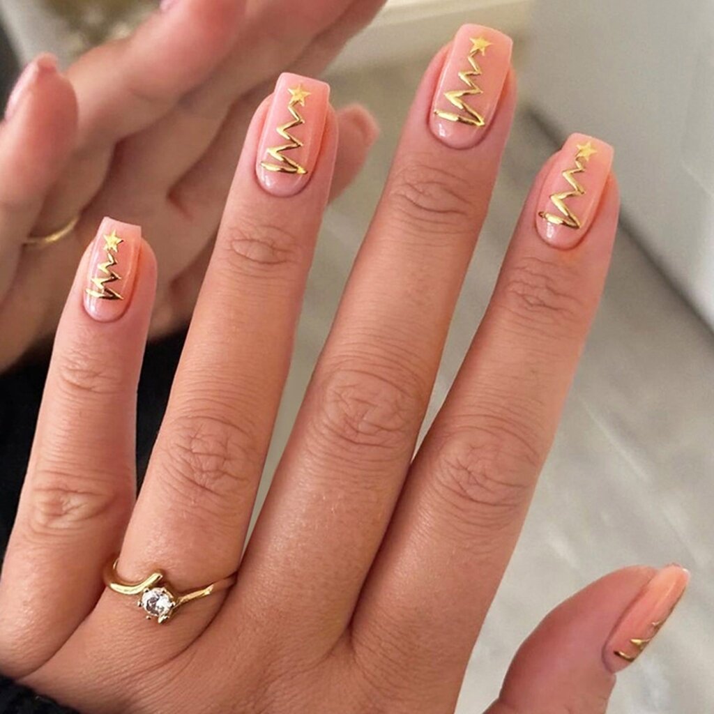 Короткие Квадратные Рождественские Накладки На Ногти В Полоску С Полным Покрытием, Наклеивающиеся На Ногти, Акриловые Ногти Для Женщин И Девочек 24шт