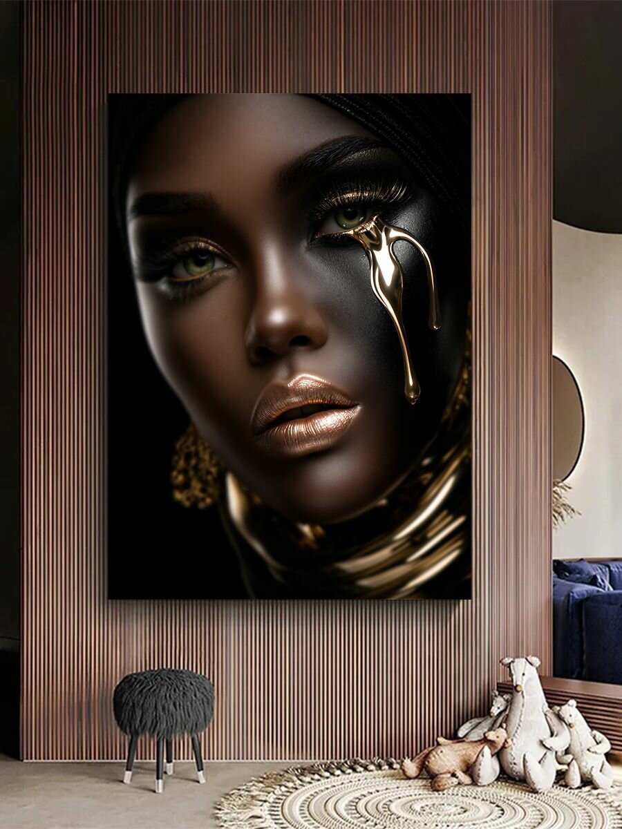 Вертикальная картина на стену - "Портрет девушки, Металл / Черно-золотой" , 50х70 см.