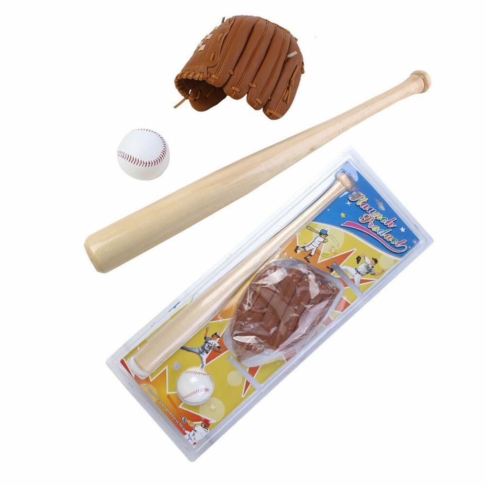 Бейсбольный набор для детей: деревянная бита, мяч и перчатки из ПВХ