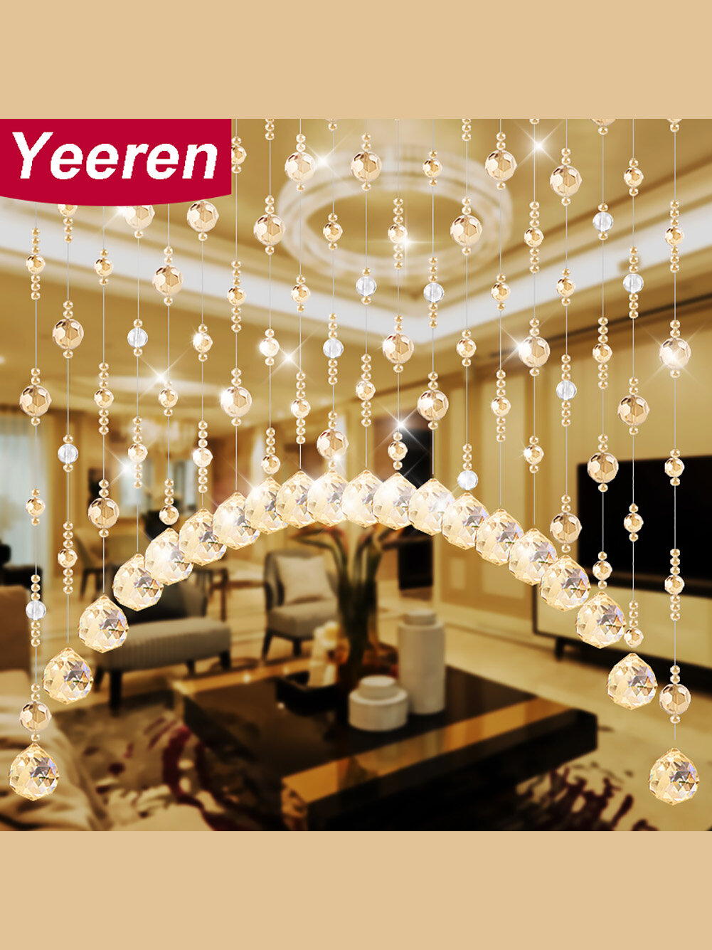 Штора из бусин в дверной проем стеклянных, 30 нить, Форма Арка, 120x80 см, светло-коричневый