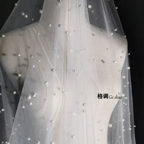 Сетчатая полиэстер/акрил ткань с бусинами и кружевом с жемчугом