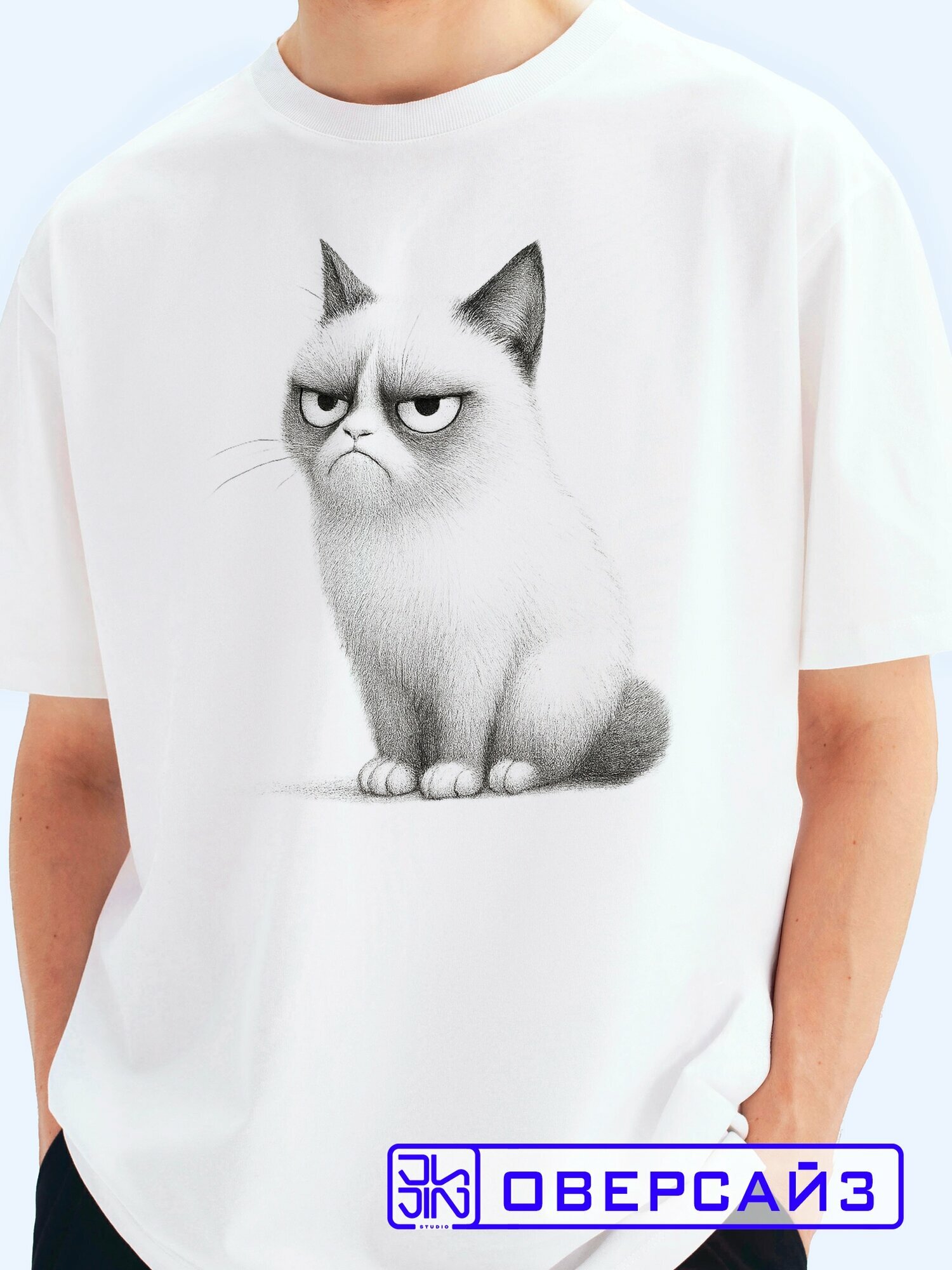 Футболка оверсайз мужская с принтом Черно белый минималистичный портрет кошки с мемами, смешной белый рисунок, белый хлопковый трикотаж с прикольным рисунком на груди