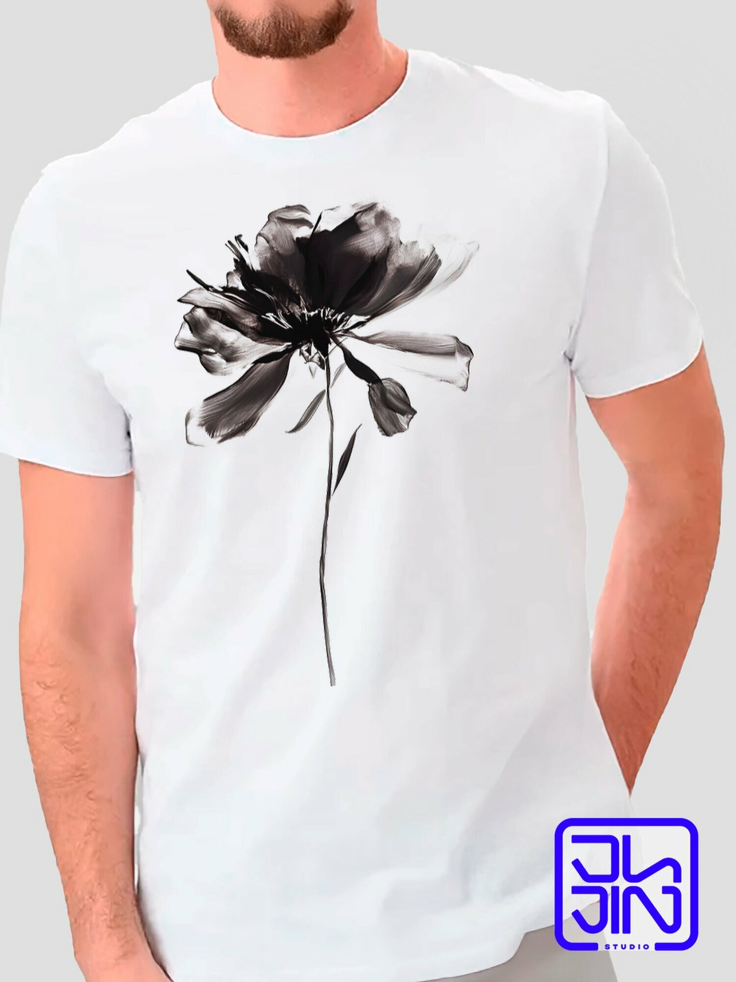 Футболка классическая мужская с авторским принтом Черно-белый минималистичный принт с маками, монохромный цветочный рисунок, белый хлопковый трикотаж с прикольным рисунком на груди
