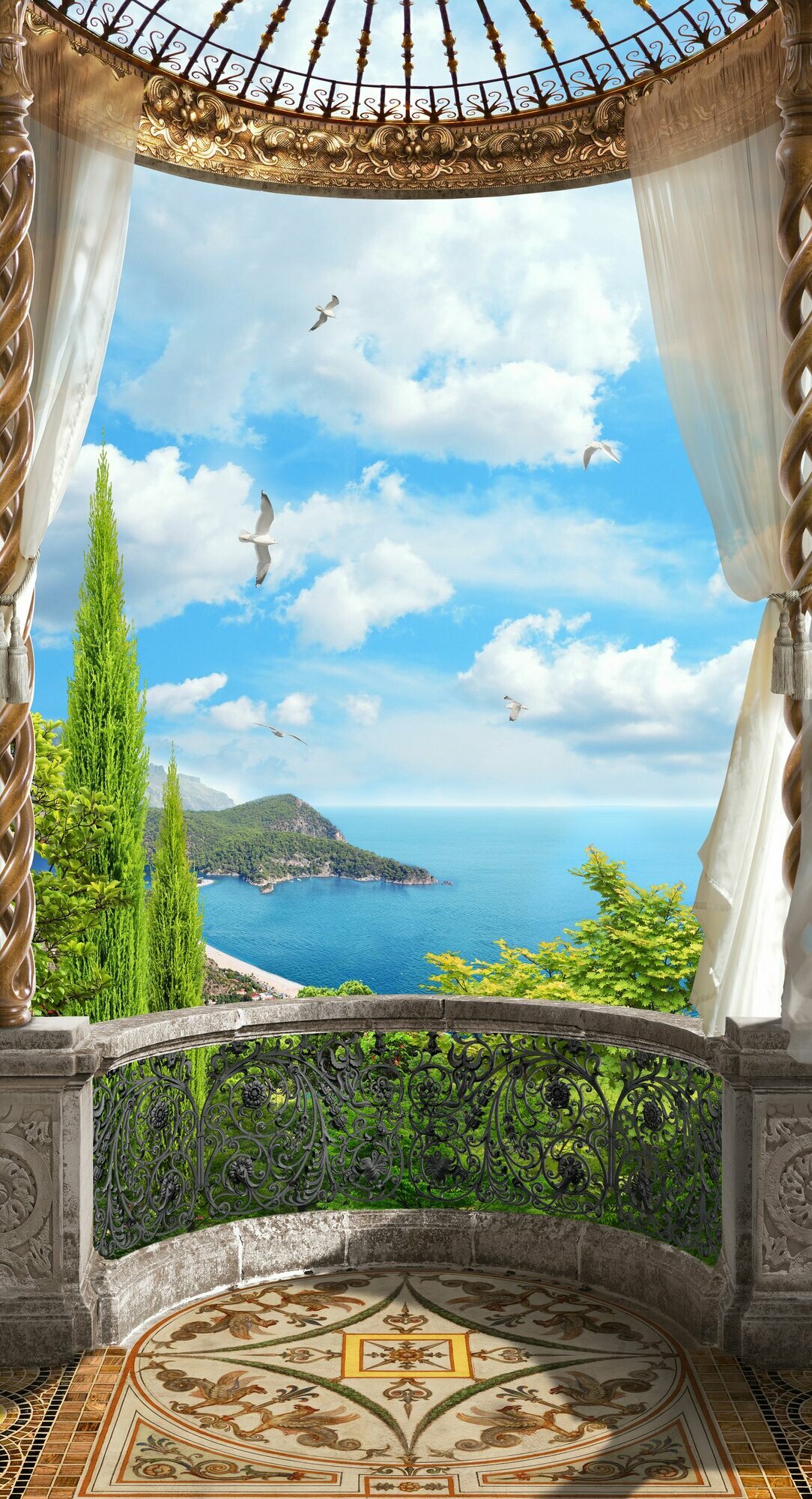 Фотообои Уютная стена "Роскошный балкон с видом на море" 150х270 см Бесшовные Премиум (единым полотном)