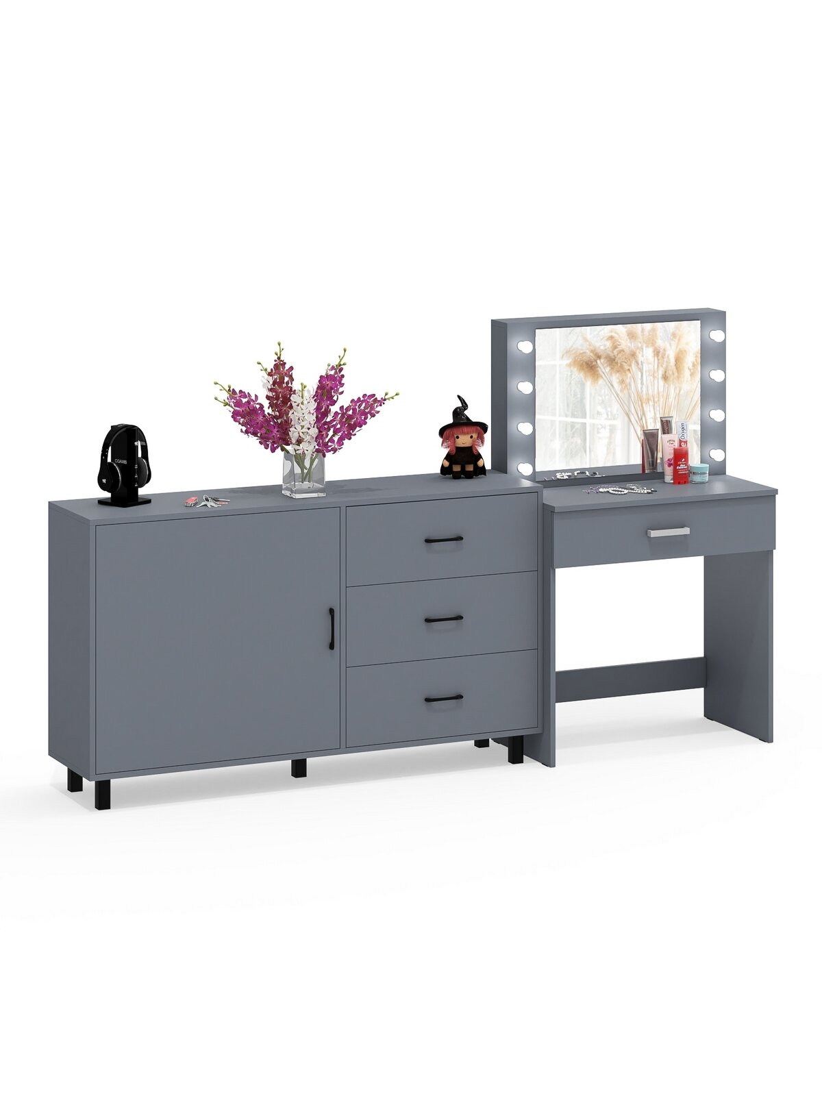 Комод ящики и дверка 122-1504 и туалетный столик с подсветкой СТ-4, графит, 230,8х45х135 см.