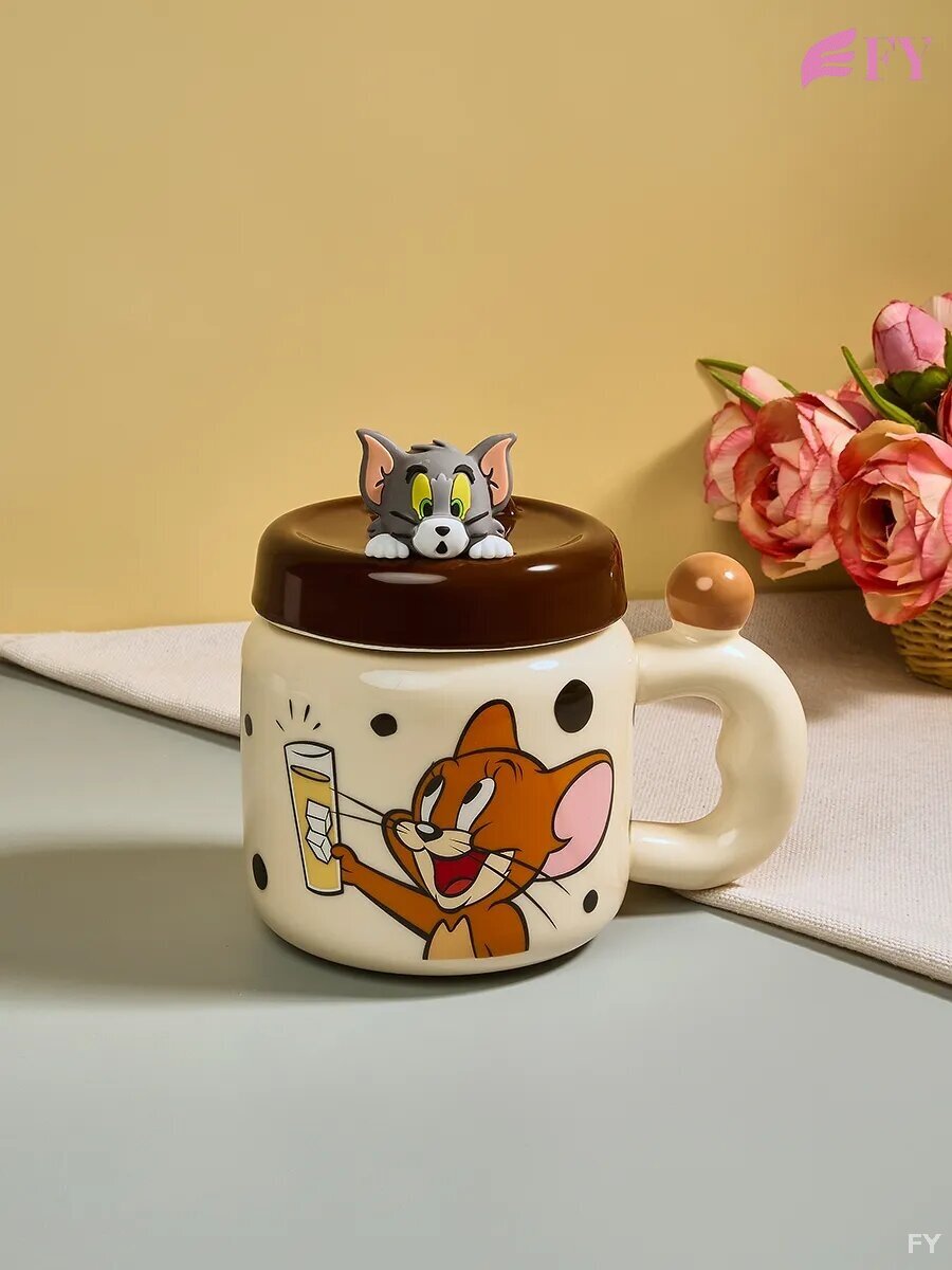 Кружка DB HOMME "Том и Джерри", с крышкой, керамика, коричневая, подарочная упаковка