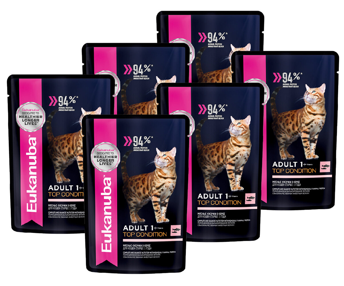 Влажный корм Eukanuba Cat Adult для взрослых кошек с лососем в соусе пауч, 85 г 6 шт