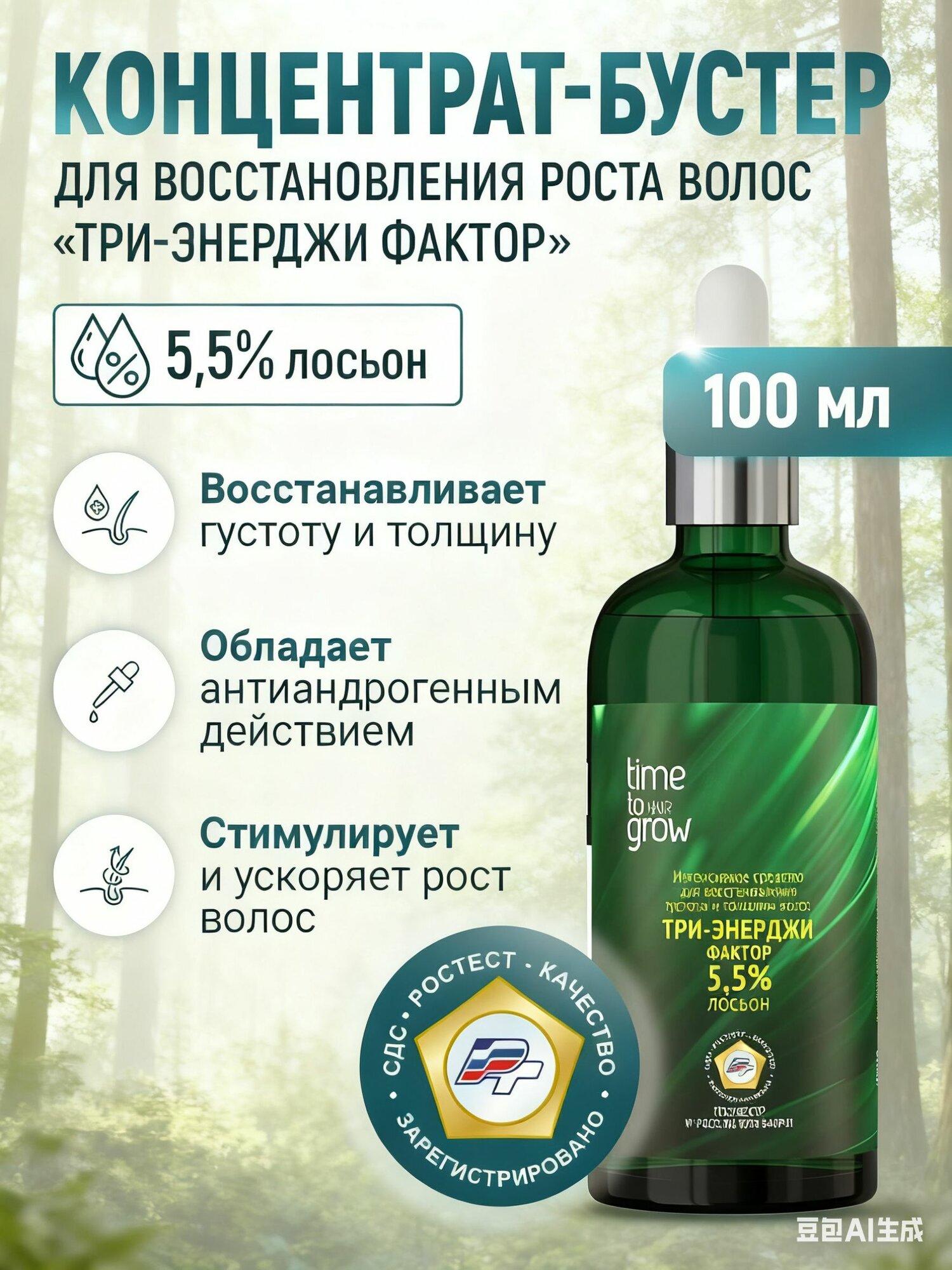 Лосьон-концентрат-бустер для восстановления роста волос 5,5% Три-энерджи фактор поддерживает здоровье корней, активирует рост и улучшает эластичность волос