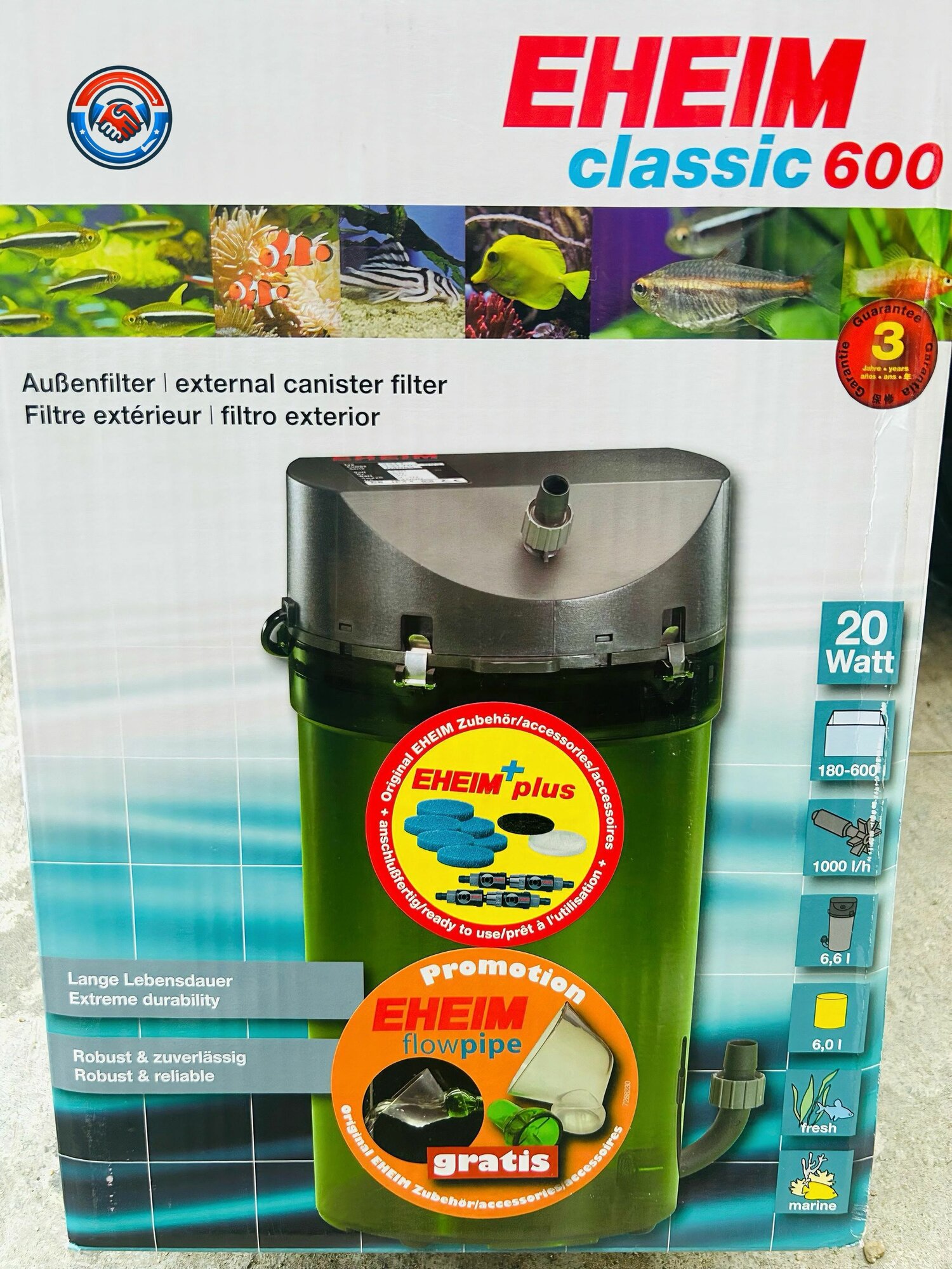 Внешний аквариумный фильтр Eheim Classic 600, тихий канистровый фильтр для пресной и морской воды, комплект с наполнителями и шлангами, 1000 л/ч, для аквариумов 180-600 л