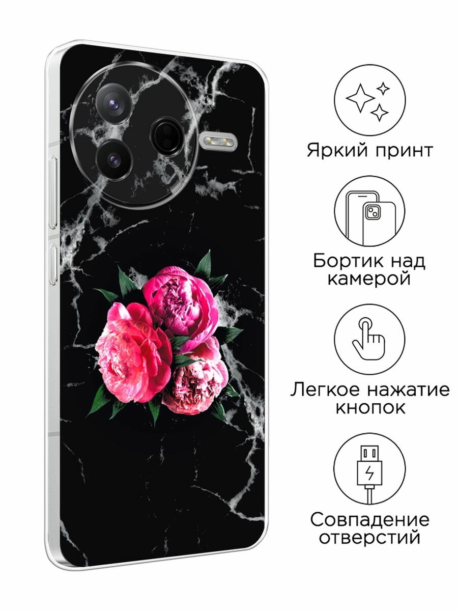 Чехол на Poco F7 Pro / Поко F7 Про с принтом "Букет на черном мраморе" — фото 1