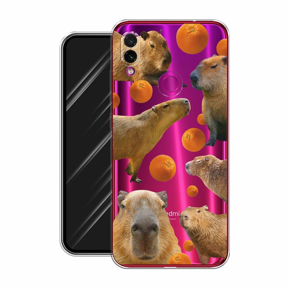 Чехол на Xiaomi Redmi Note 7 / Сяоми Редми Нот 7 с принтом "Капибара и апельсины", прозрачный — фото 1
