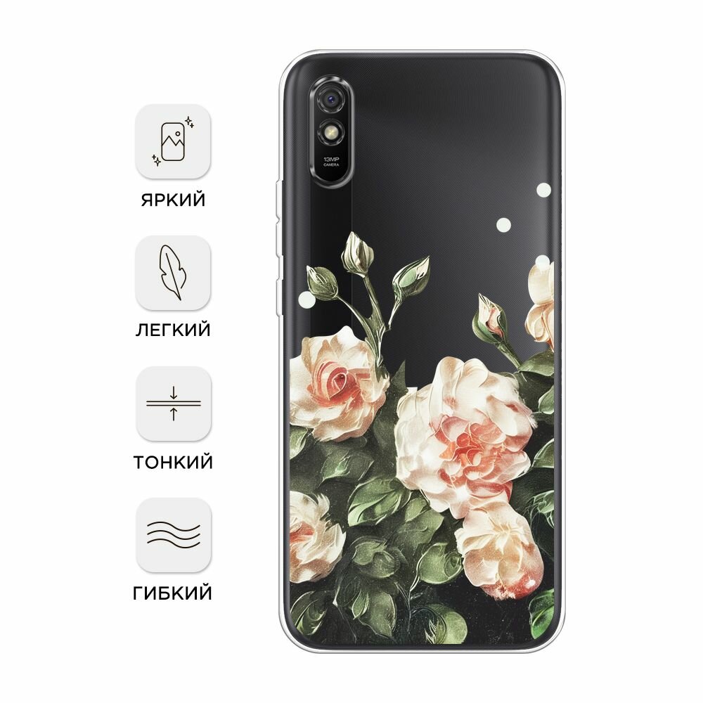 Чехол на Xiaomi Redmi 9A / Сяоми Редми 9А с принтом "Цветочная картина 2", прозрачный — фото 1