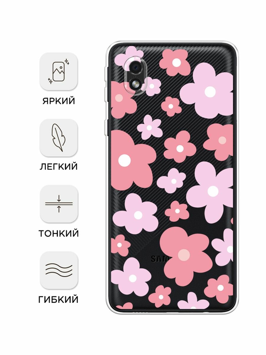 Чехол на Samsung Galaxy A01 Core / Самсунг Галакси А01 Core с принтом "Нежные розовые цветочки рисунок", прозрачный — фото 1
