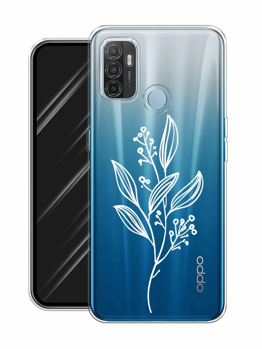 Чехол на Oppo A53 / Оппо А53 с принтом "Ветка с листочками и цветами", прозрачный — фото 1