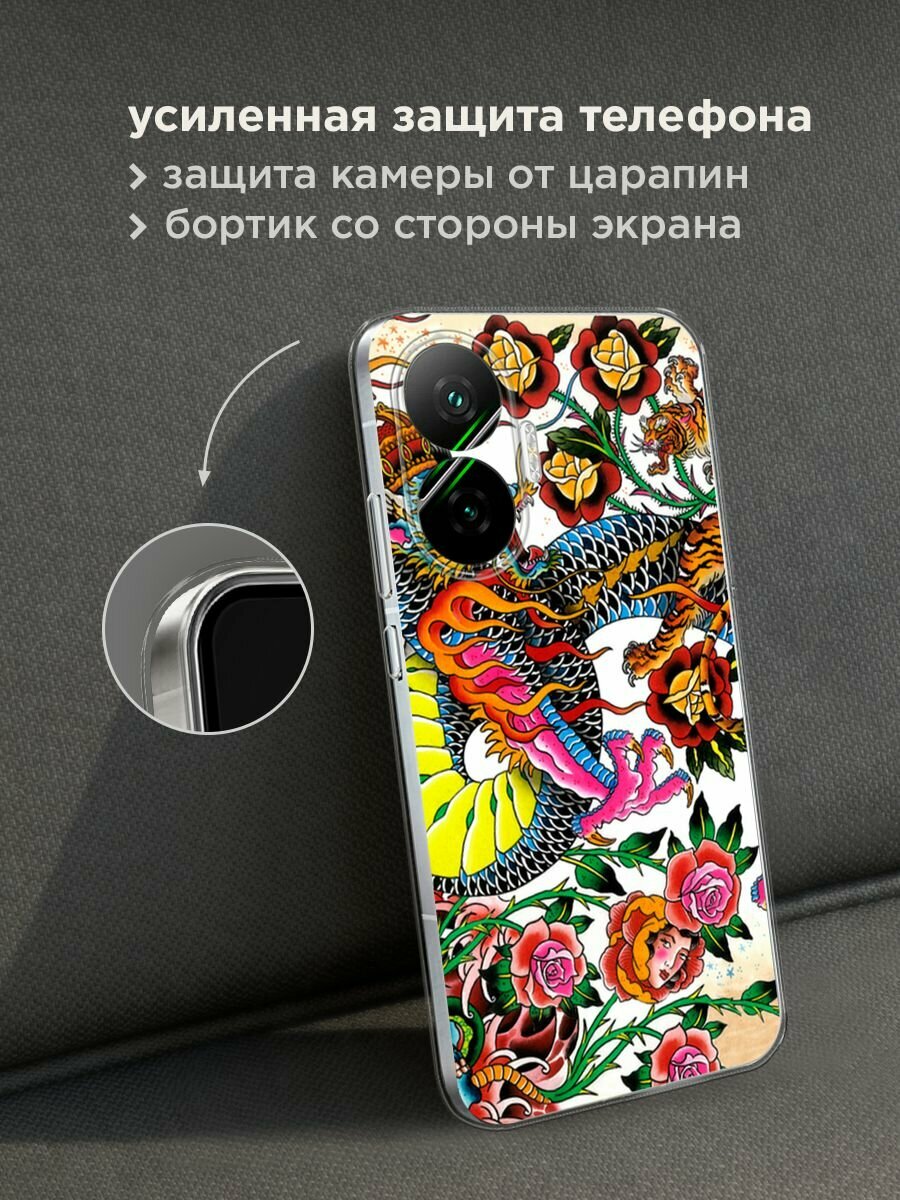 Силиконовый чехол на Poco F7 / Поко F7 с принтом "Дракон в цветах" — фото 1