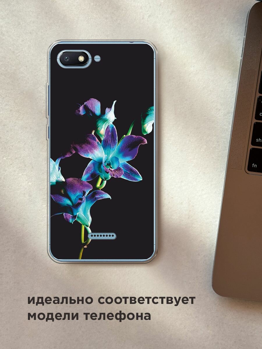 Чехол на Xiaomi Redmi 6A / Сяоми Редми 6А с принтом "Синий цветок на черном" — фото 1