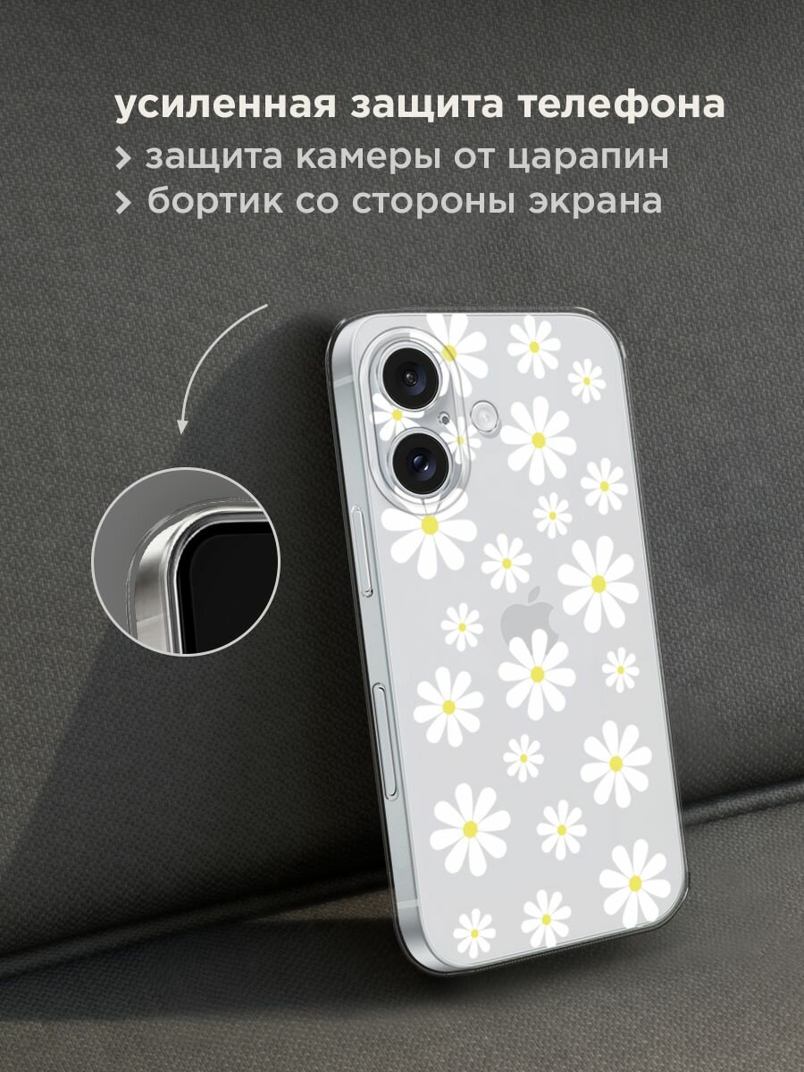 Чехол на Apple iPhone 16 / Айфон 16 с принтом "Большие ромашки", прозрачный — фото 1