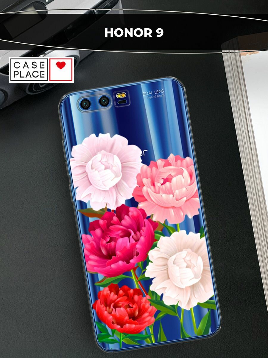 Чехол на Honor 9 / Хонор 9 с принтом "Большие пионы", прозрачный