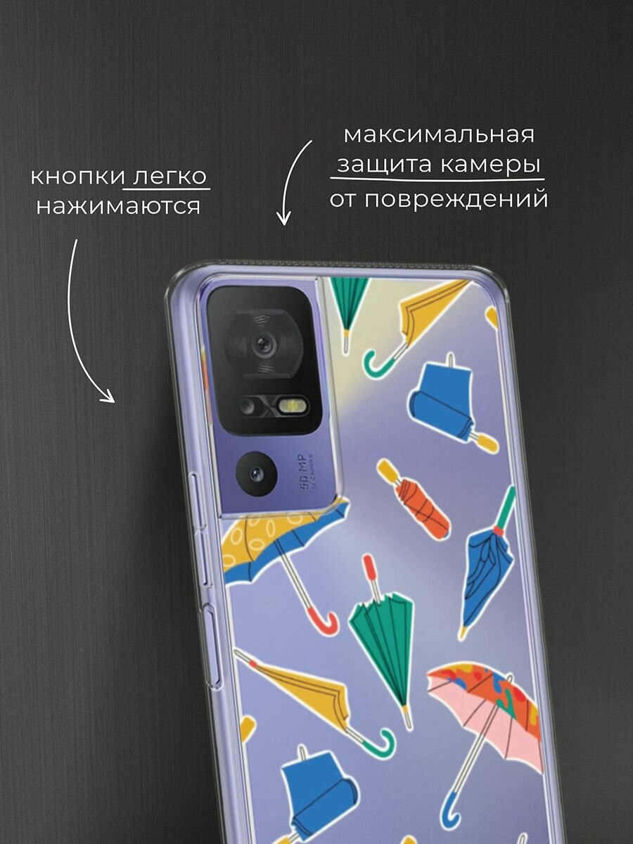 Чехол на TCL 40 SE / ТСЛ 40 SE с принтом "Зонты паттерн", прозрачный — фото 1