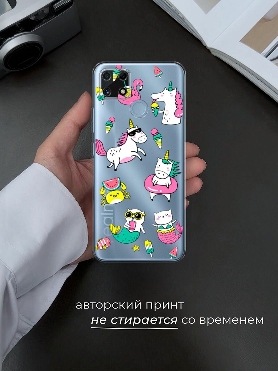 Чехол на Realme C25/C25s / Реалми С25/C25s с принтом "Единороги в отпуске", прозрачный — фото 1