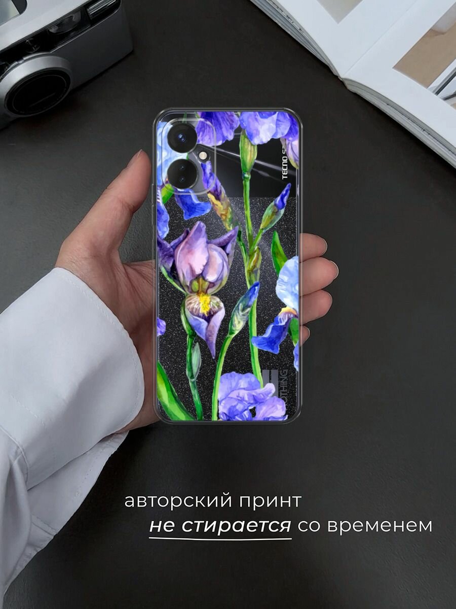Чехол на Tecno Spark 9 Pro / Техно Спарк 9 Про с принтом "Синие ирисы", прозрачный — фото 1