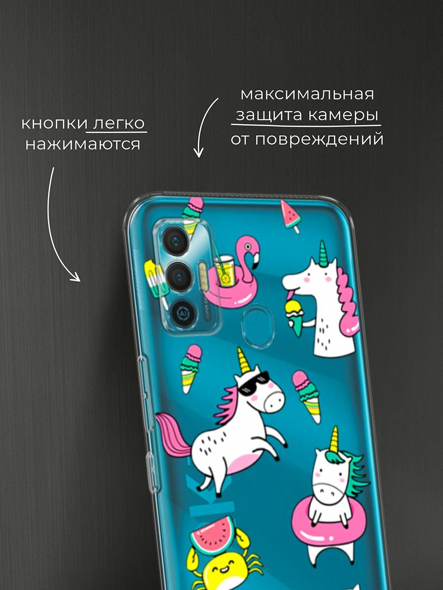 Чехол на Tecno Spark 7 / Техно Спарк 7 с принтом "Единороги в отпуске", прозрачный — фото 1