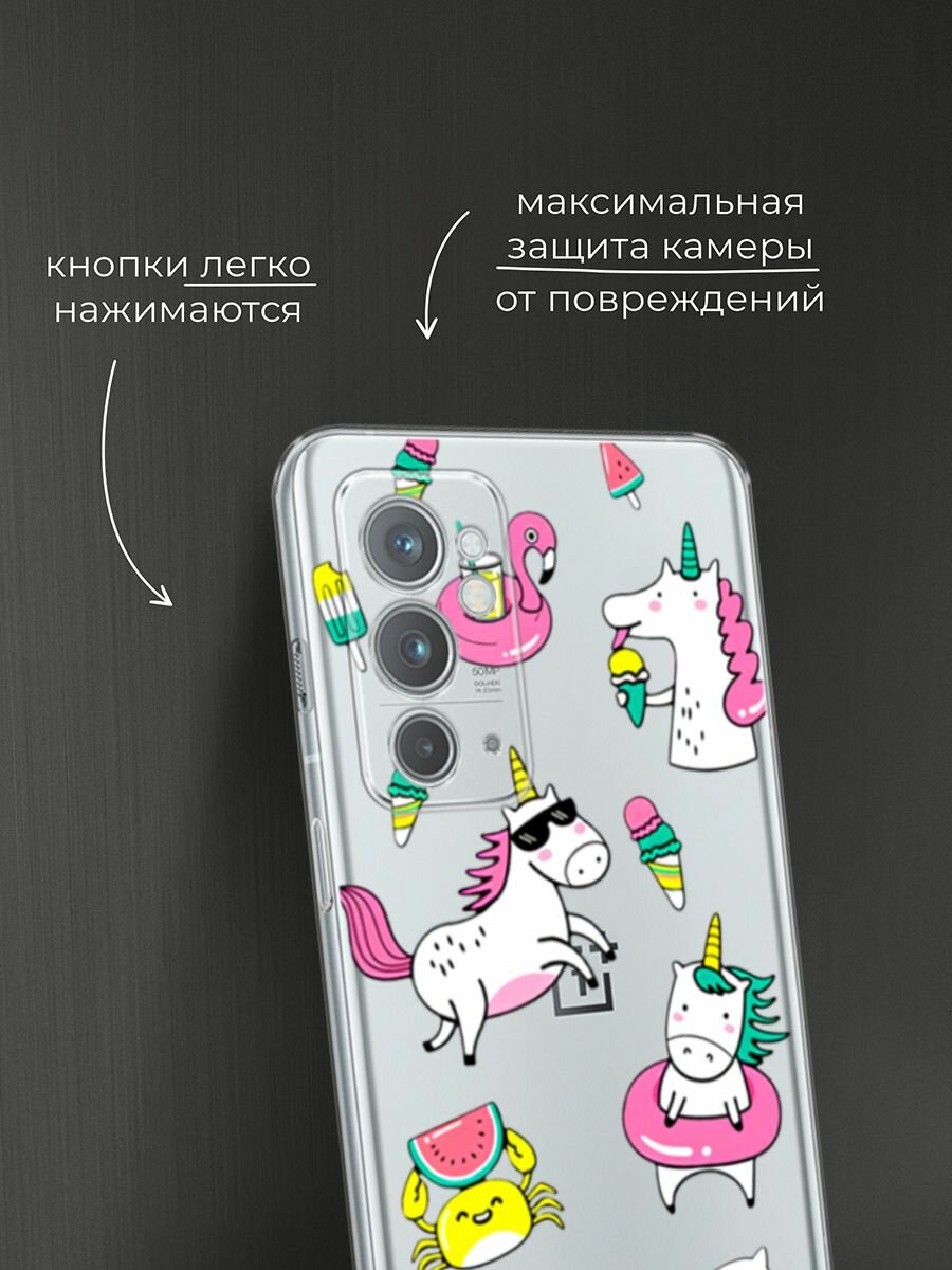 Чехол на OnePlus 9RT / ВанПлас 9RT с принтом "Единороги в отпуске", прозрачный — фото 1