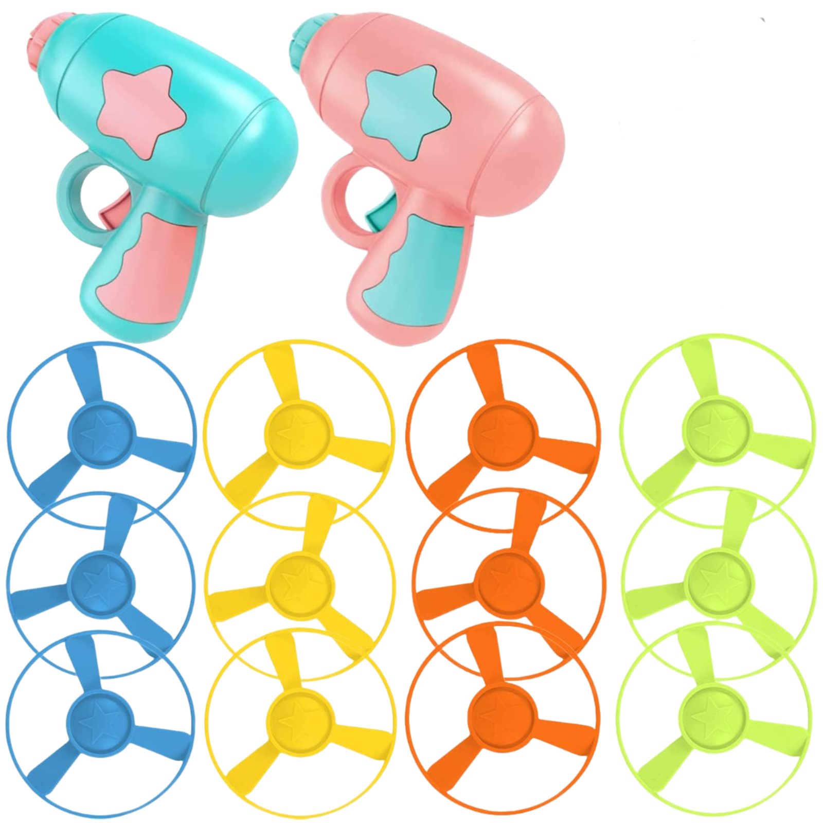 Набор интерактивных игрушек для тренировки погони котов 14-ти детальный (включает цветные летающие пропеллеры, цвета фризби случайные), 2 пускателя для котов синего цвета, 12 летающих пропеллеров 4 ярких цветов, Розовый + 4 не свечущихся фризби + Голубой