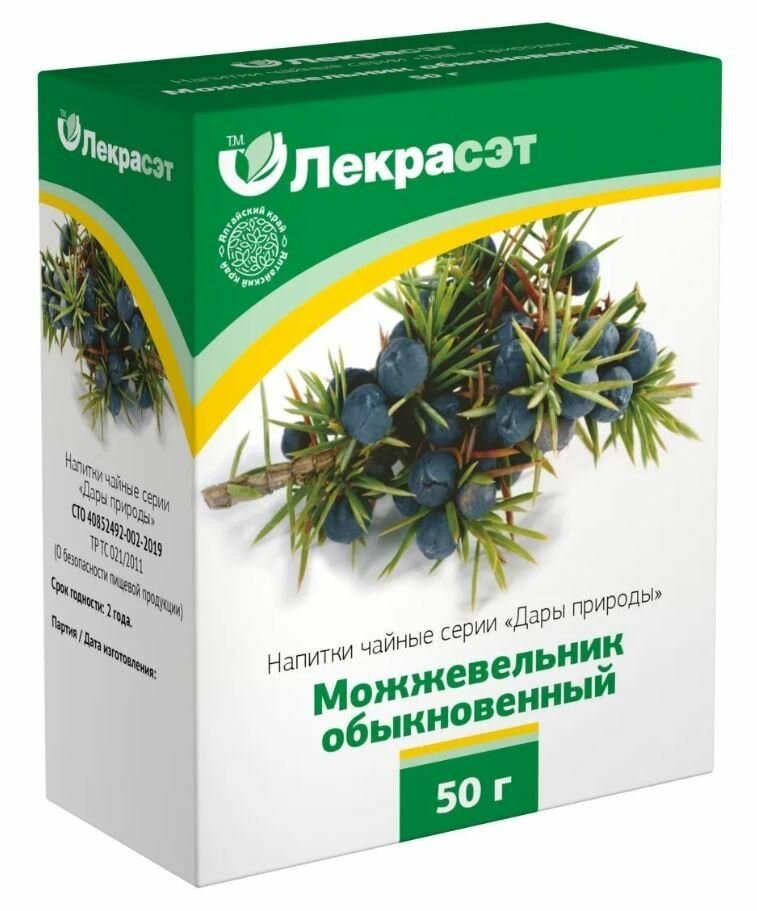 Травяной сбор Лекра-СЭТ можжевельник плоды, 50 г, обладает диуретическим, дезинфицирующим, противовоспалительным, обезболивающим, свойствами