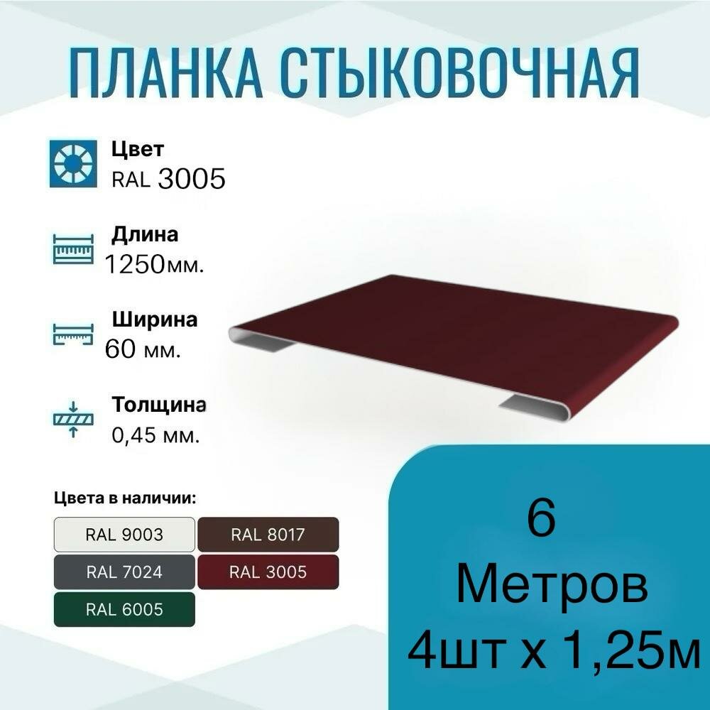 Нащельник металлический ширина 60мм , длина 1,25м*4шт , цвет Винно-красный RAL 3005