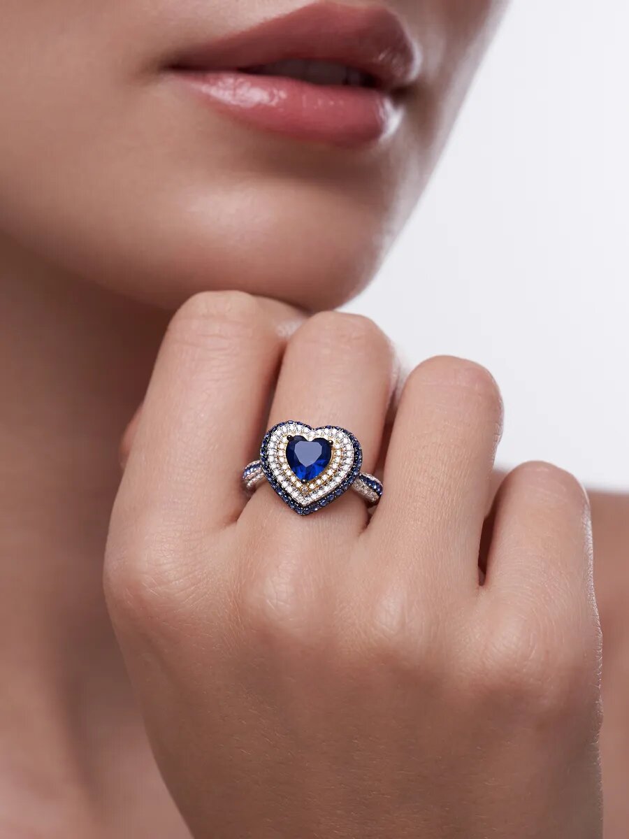 Перстень, серебро, 925 проба, фианит, сапфир синтетический