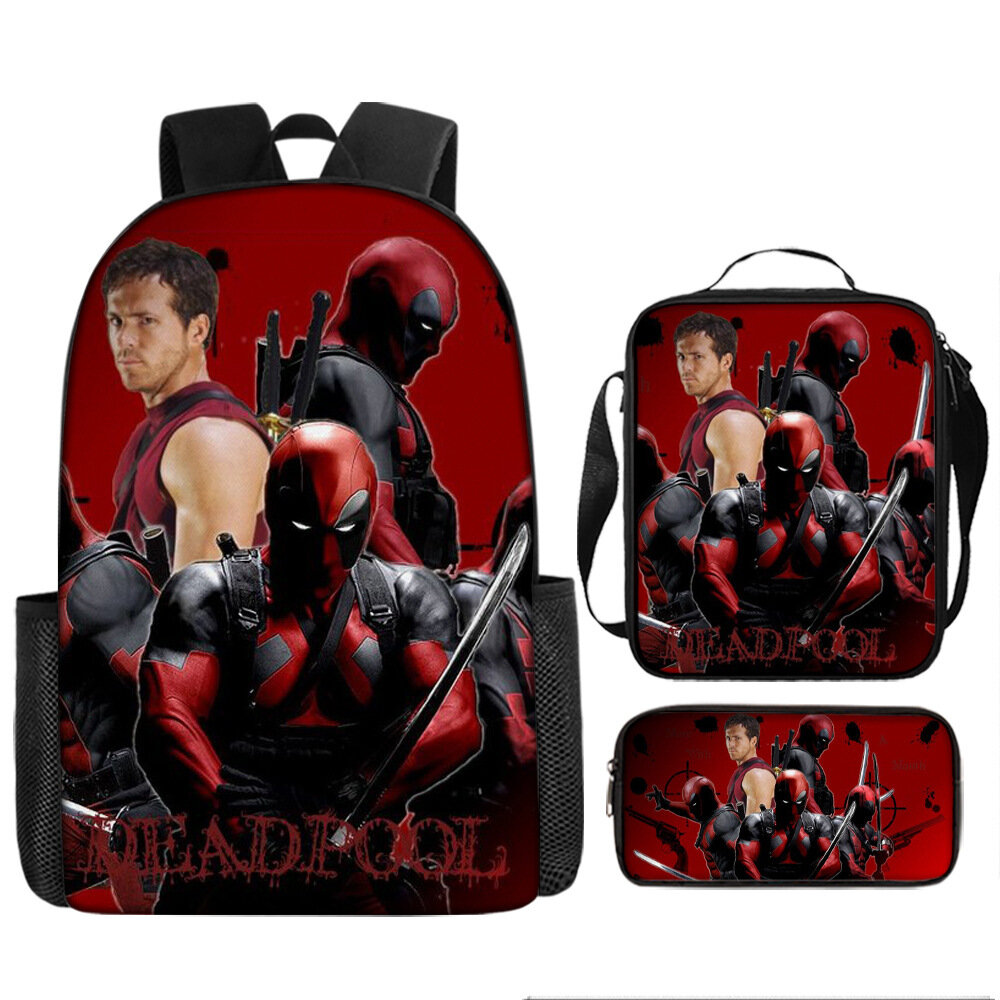 Новый трансграничный рюкзак Дэдпул с героями мультфильмов, большой вместительный рюкзак, сумка на плечо, чехол для ручек, комплект из трех предметов, дропшиппинг