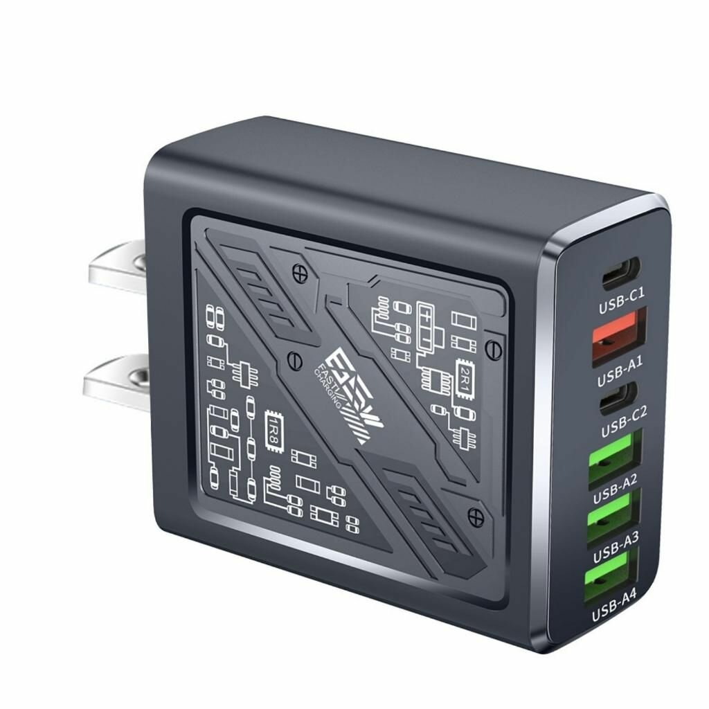 Зарядное устройство для 6 устройств с USB C и 4 USB портами, быстрое зарядное устройство для телефона, необходимое для путешествий, Черный - US