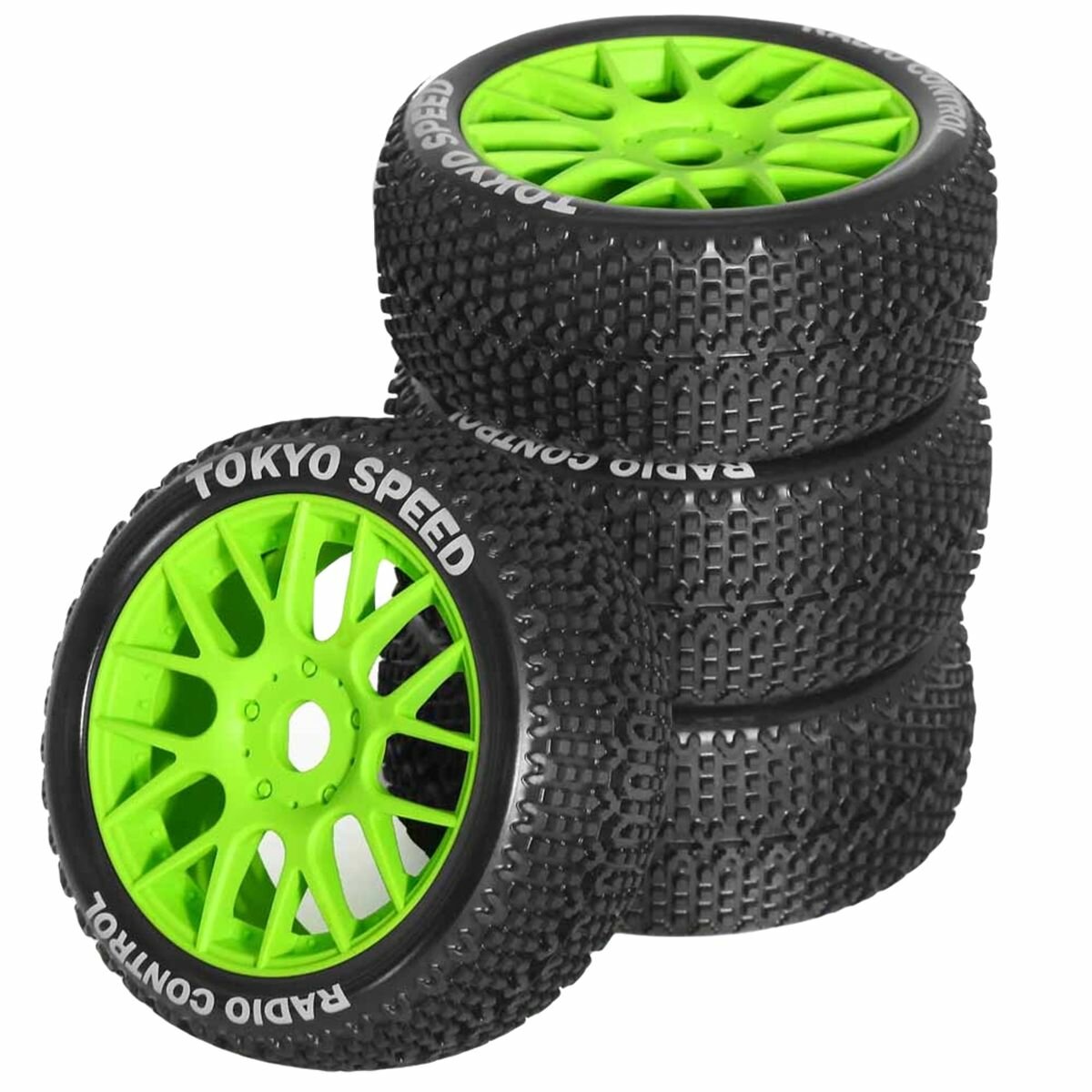 Шины 110 мм для 1/8 RC Buggy, комплект 4 шт — ширина 45 мм, внутр. Ø80 мм, 17 мм шестигранник, зелёные (склейка)